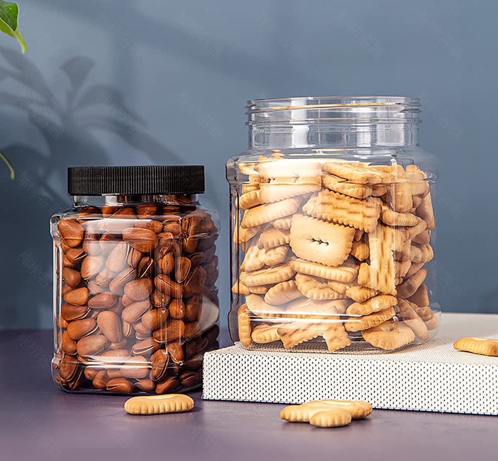Lawei 6 Pack Clear Plastic Jars with Lids - 32 Oz Square Plastic Jars Containers with Easy Grip Handles Plastic Storage Jars for Dry Goods Cookies Candy and More
