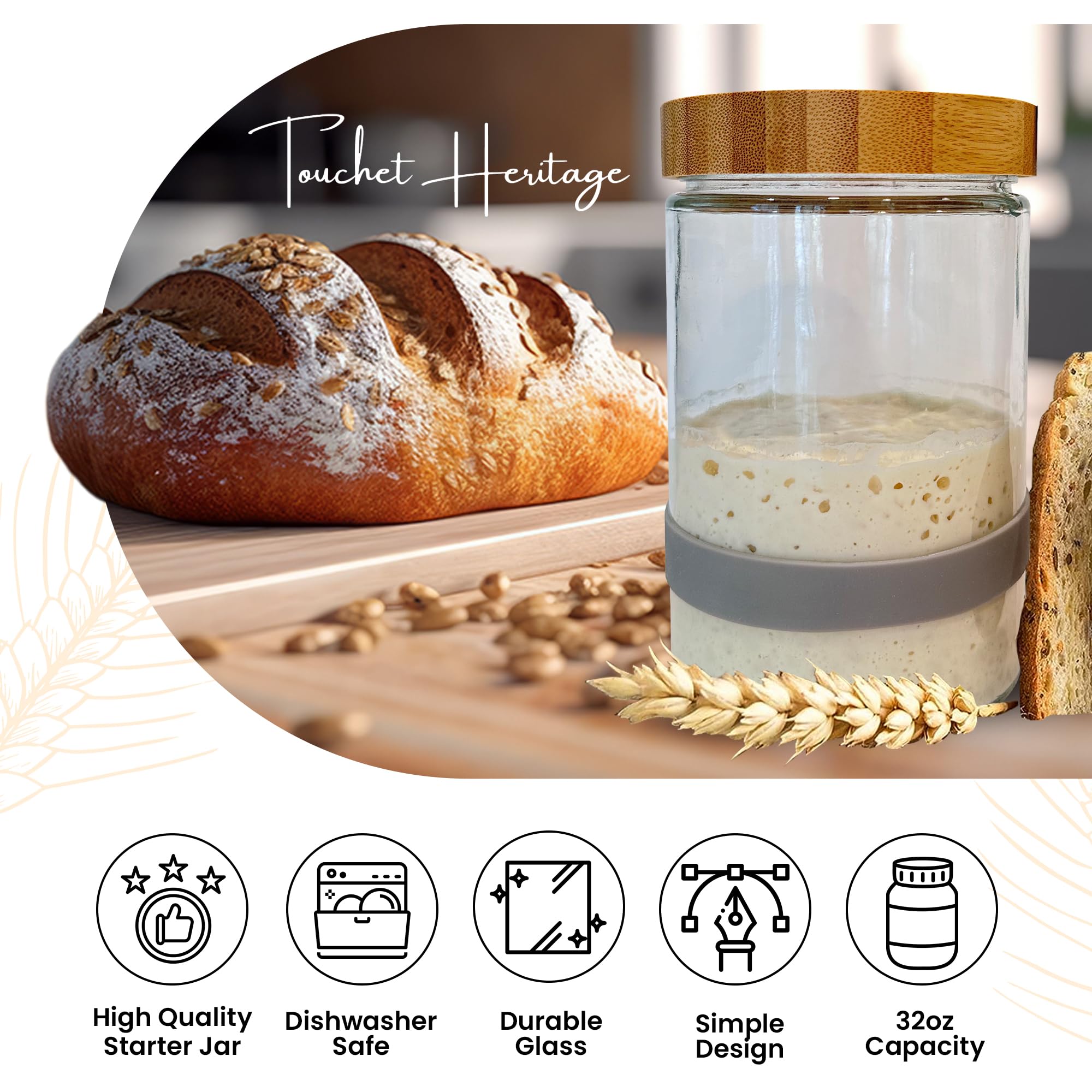 Touchet Heritage Sourdough Starter Jar (32oz) | Sourdough Starter Kit | Thick, Durable Glass w/Bamboo Lid | 6.5” x 4" | Wide Mouth Glass Jar for Sourdough with Wooden Spoon & Silicone Measuring Band