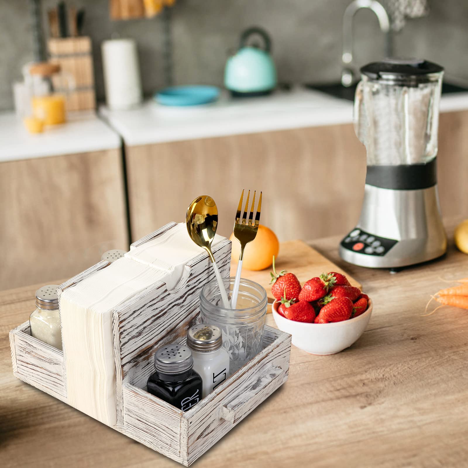 Napkin Holder, Tissue Holder, Napkin Holder For Table,Can Hold Seasoning Bottles, Rustic Style, Suitable For Kitchens, Dining Tables, Parties, Weddings, White