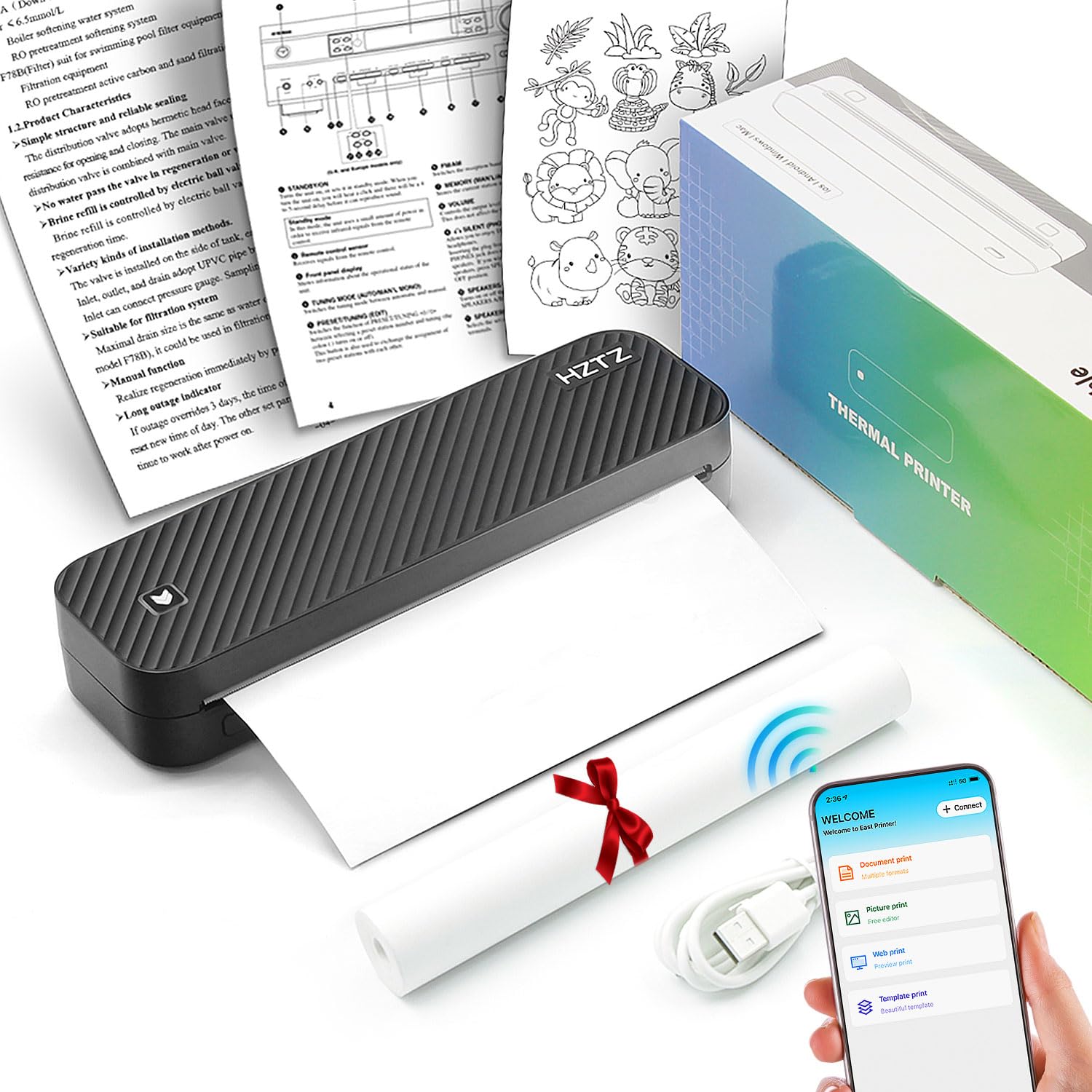 SLCZCZ Compact Inkless Wireless Printer, Bluetooth Thermal Printing, 2600mAh Battery, 300dpi Clarity, with 1 Roll Paper, Compatible with iOS & Andriod, Black