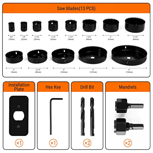 Meiwaltee Hole Saw kit,19PCS Hole Saw Set with 3/4"-6"(19-152mm) 13PCS Saw Blades,2 Mandrels,2 Drill Bits,1 Installation Plate,1 Hex Key,Ideal for Soft Wood,Plywood,Drywall,PVC Board