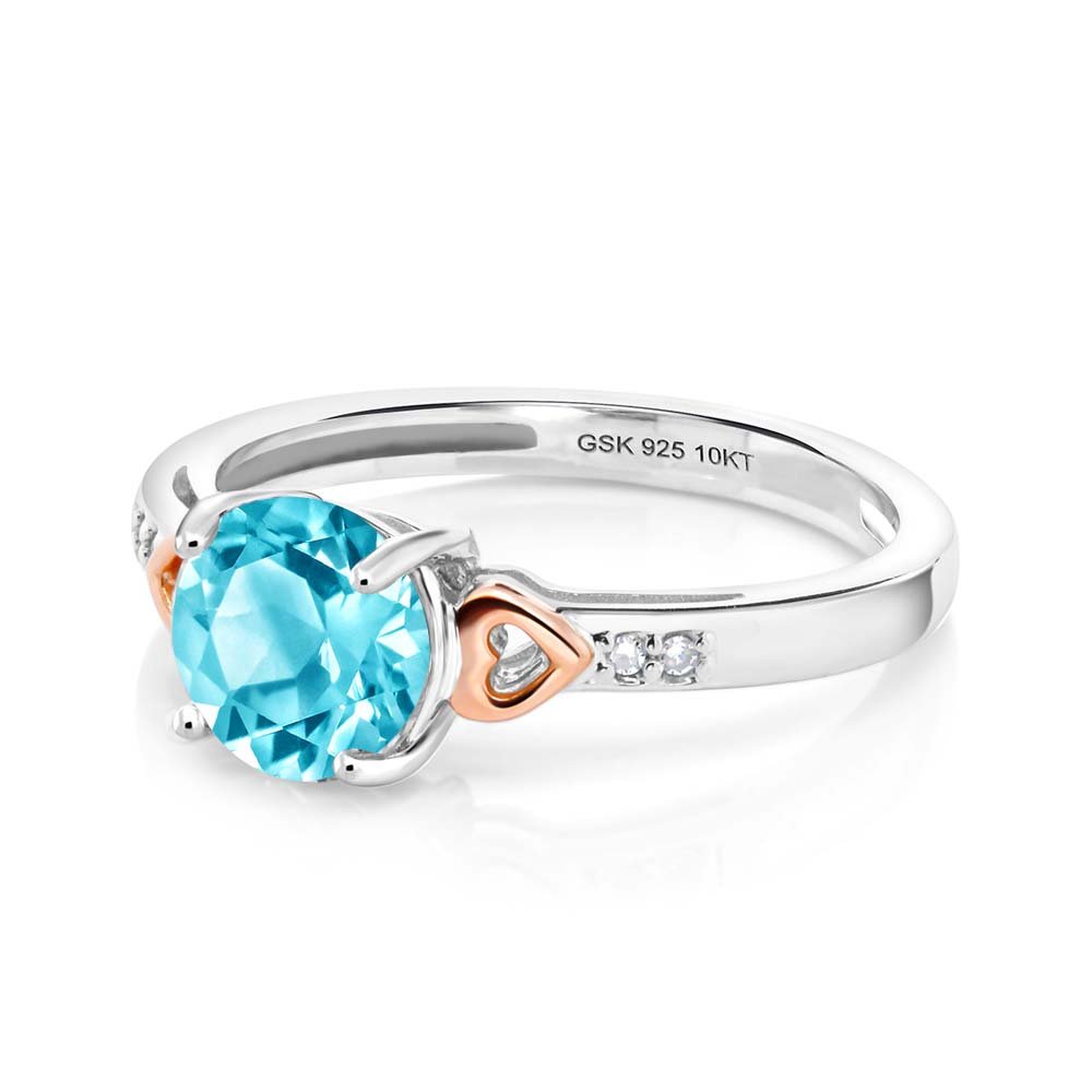 Gem Stone King 925 Sterling Silver and 10K Rose Gold Round Swiss Blue Topaz with Diamond Accent Engagement Ring For Women (1.41 Cttw, Gemstone Birthstone, Available In Size 5, 6, 7, 8, 9)