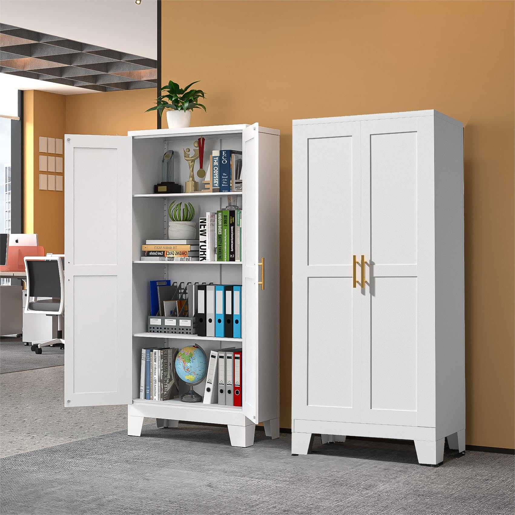RISTERN White Metal Storage Cabinet, 61" Steel File Cabinet for Home Office, Kitchen Pantry Storage Cabinet with Doors and 3 Adjustable Shelves, Tool Cabinet, for Office, Home, Garage, School