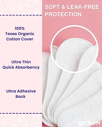 OCBON Ultra Thin Sanitary Pantyliners (Regular, 15.5cm, 40 Counts) - Ultra Thin, Unscented 100% Organic Cotton Panty Liners for Women. Chemical-Free, Extra Soft, Ideal for Sensitive Skin.