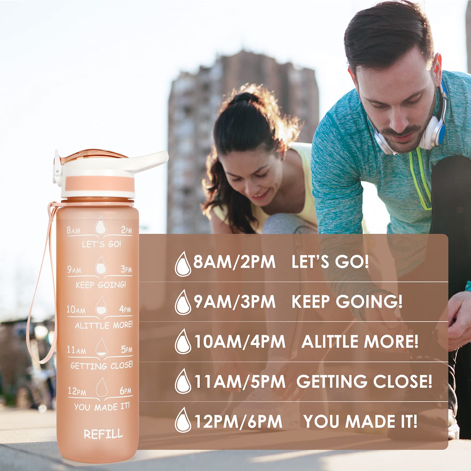 hanmir Motivational Water Bottle, 32 oz Water Bottle, Water Jug with Time Maker and Straw (Orange)