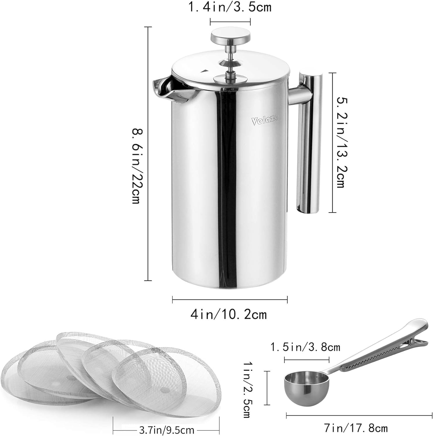 Velaze French Press Coffee Maker 34oz, Double Wall Insulated French Coffee Press Stainless Steel, 1L Coffee Maker Included 4 Extra Fliters and 1 Coffee Spoon