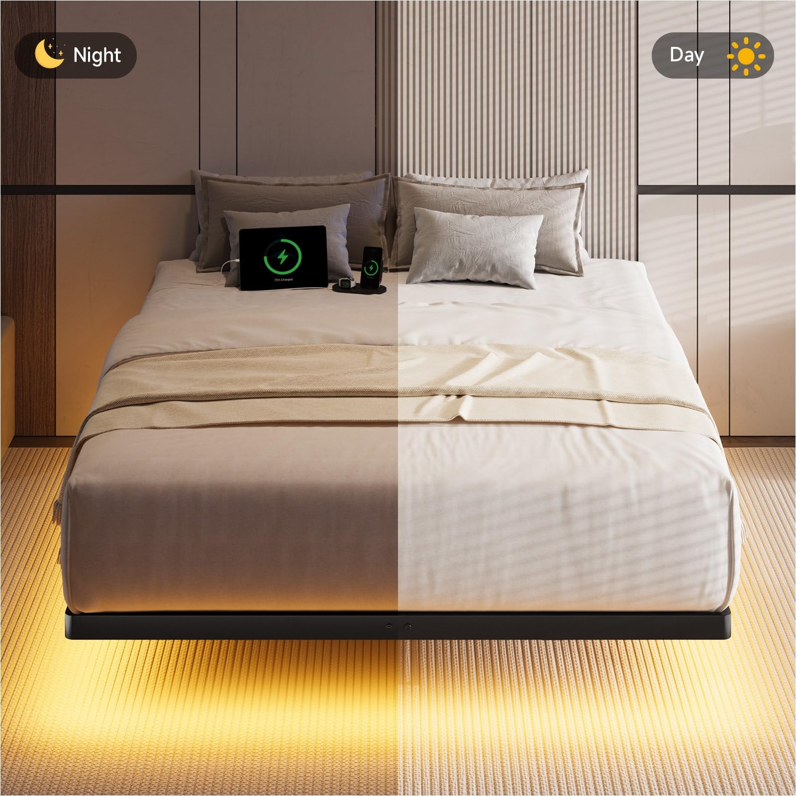 ONBRILL Full Size Floating Bed Frame with USB Charging Station and Smart LED Lights, Heavy Duty Metal Platform Bed with Underbed Storage Space, Easy to Assemble, Noise-Free, No Box Spring Needed