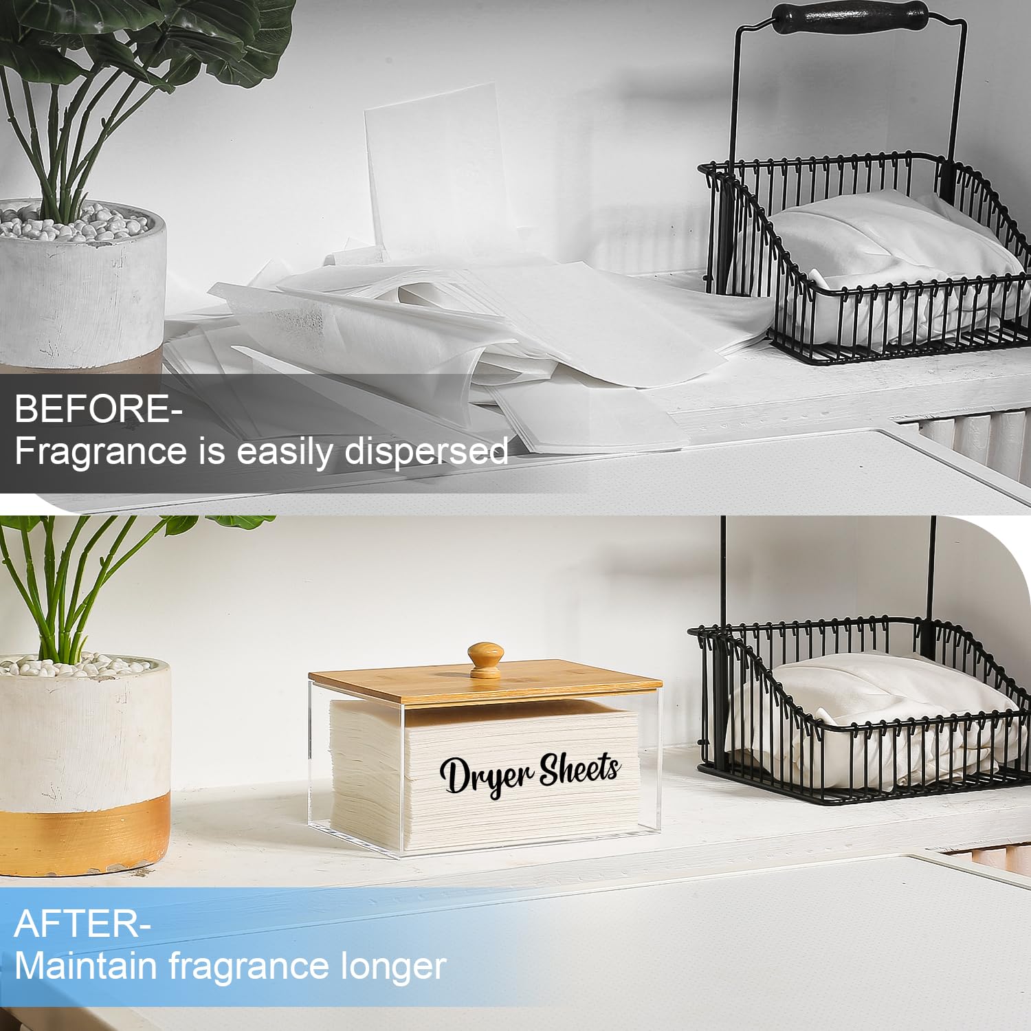 VOTLEVT Acrylic Dryer Sheet Holder with Bamboo Lid,Laundry Dryer Sheet Container and Dispenser for Laundry Room, Fabric Sheet Holder Laundry Organizer