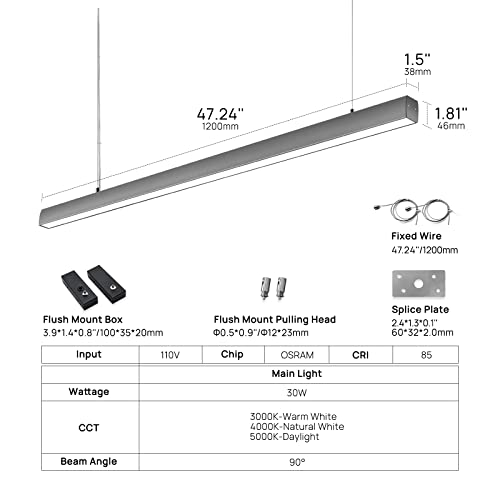 SCON 4FT Pendant Linear LED Suspended Lighting 30W LinkableModern Fixture FloodLight for Room Office Shop Garage (3000K-Warm White/90°/Ra85/Grey)