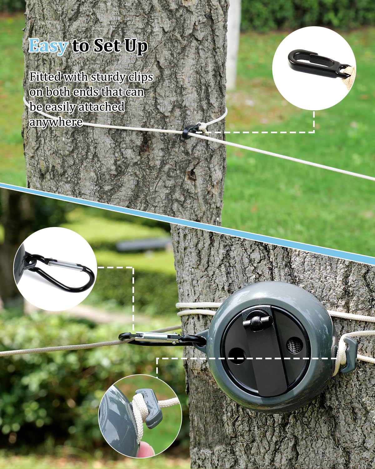 Portable Travel Clothesline, 32.8ft Retractable Clothesline, Camping Clothes Line with 20 Clothespins & 10 Stoppers, Clothes Lines for Hanging Clothes Outside, Indoor or Outdoor (Grey-Black)
