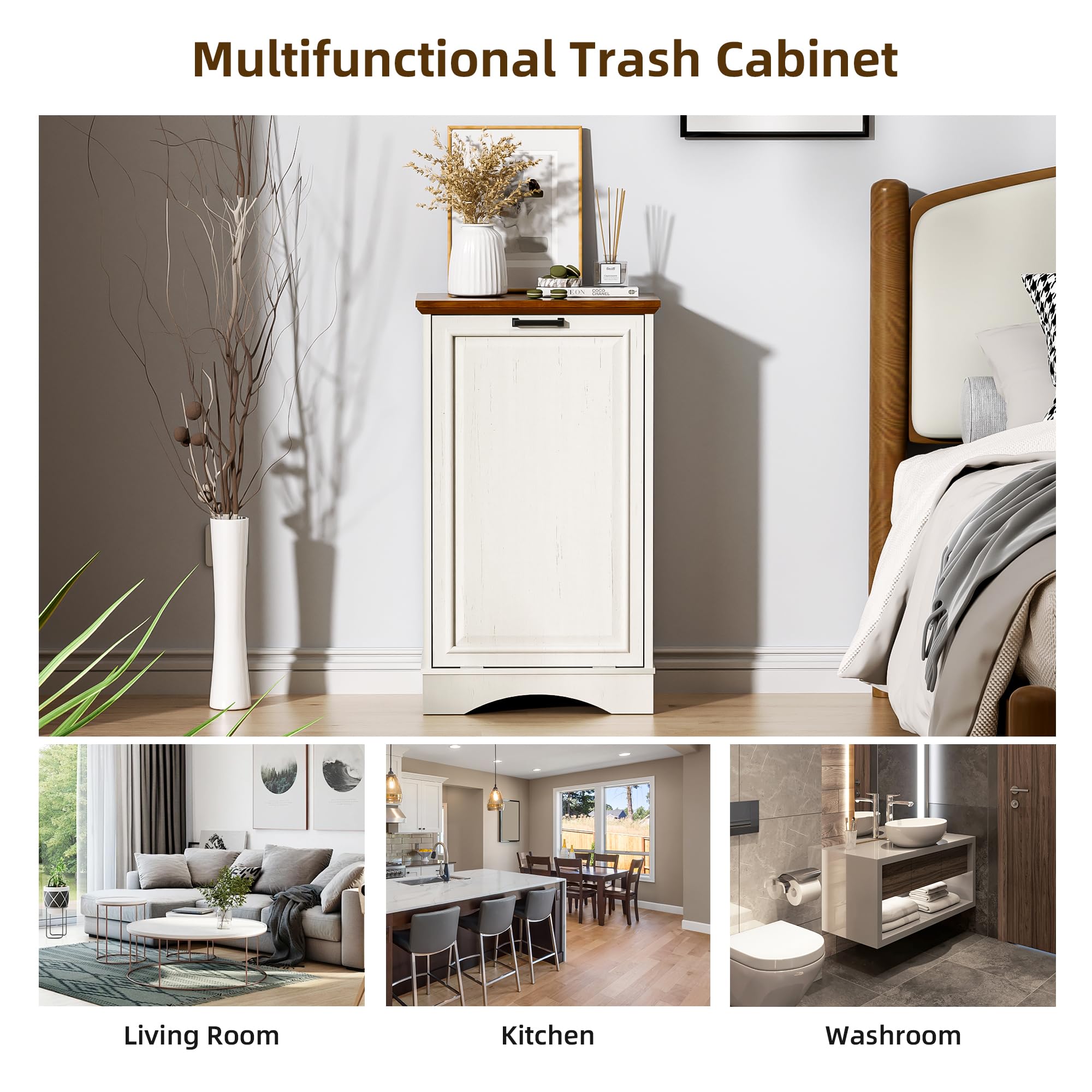 OUTGUAVA 13 Gallons Tilt Out Trash Cabinet Free Standing Kitchen Trash Bin Cabinet Recycling Garbage Cabinet with Deodorizing Function Pet Proof Trash Can Holder for Kitchen Living Room, Antique White