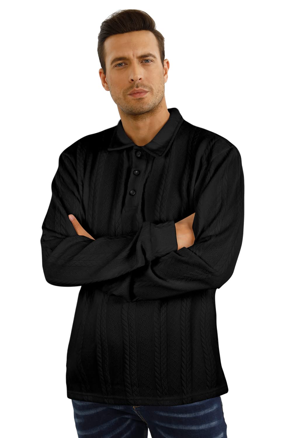 GINGTTO Mens Long Sleeve Collared Polo Sweater Cotton Ribbed Knit Golf Shirt for Men Black XL