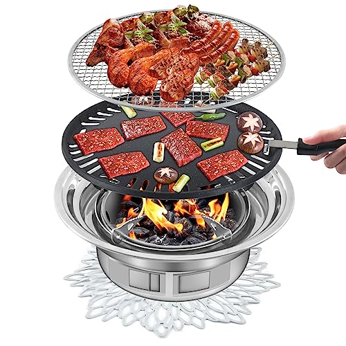 Panghuhu88 Korean BBQ Grill,Portable Household Charcoal Barbecue Grill, Non-stick Round Carbon Barbecue Grill with Insulation Pad Camping Grill Stove for Outdoor and Picnic