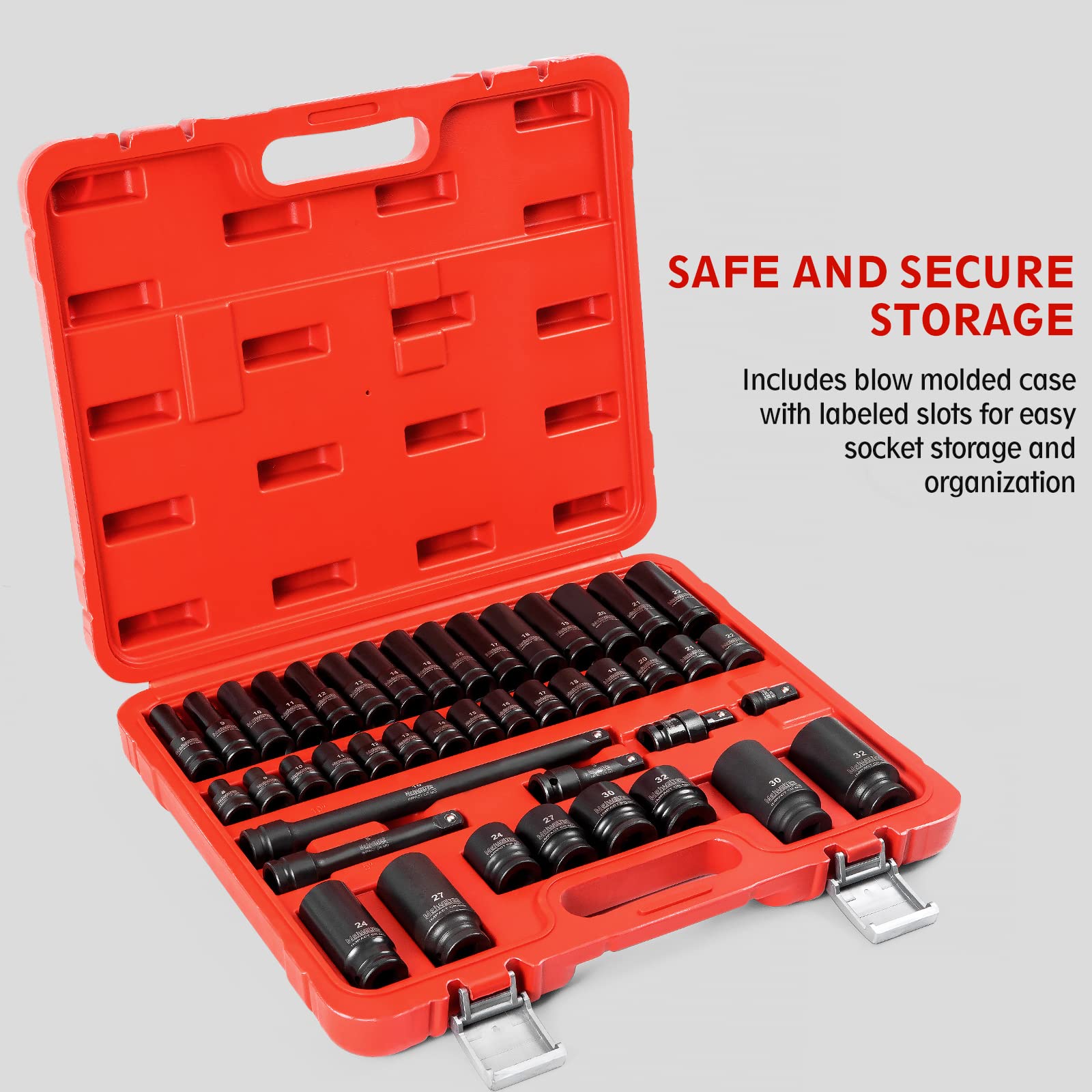 Meiwaltee 1/2" Drive Deep Impact Socket Set, 20PCS Metric10-24mm socket Assortment include 3'' 5'' 10'' Extension Bar,Cr-MO steel with black phosphate coating