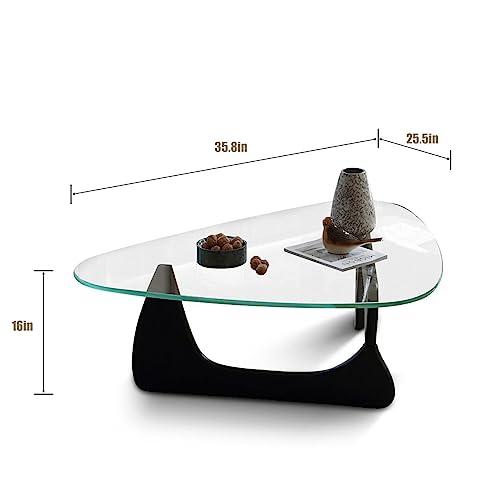 Triangle Glass Coffee Table-Mid-Century Modern End Table Solid Wood Base and Vintage Tempered Transparent Glass Top Coffee Tables Living Room Balcony (Walnut/Brown, Medium 35.8 * 25.5 * 16in)