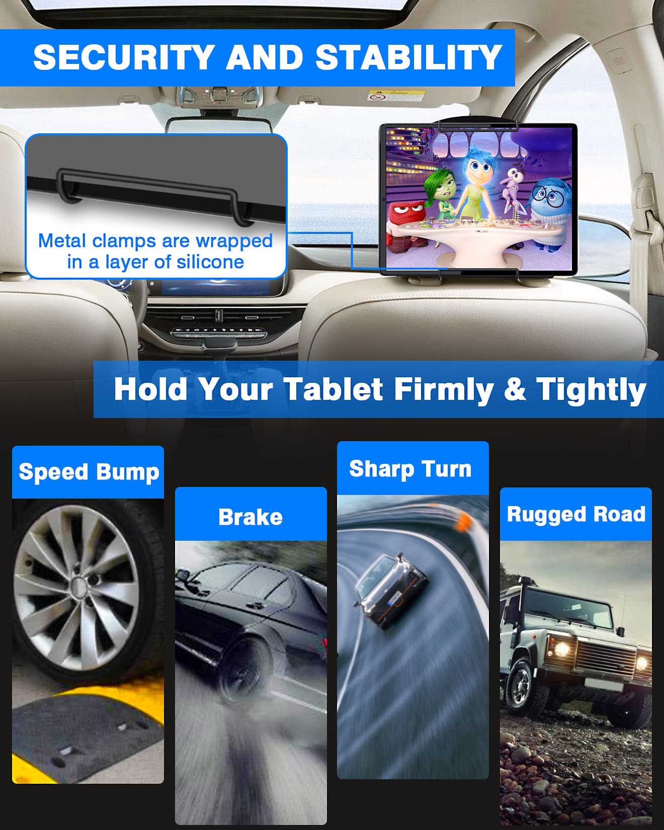 WONNIE Upgrade Tablet Holder for Car, Car Headrest Mount Holder for Back Seat, Car Tablet Mount for Kids with Silicone Strap & Anti-Slip Holding Clamps, Fits All 10-12.9" Tablets