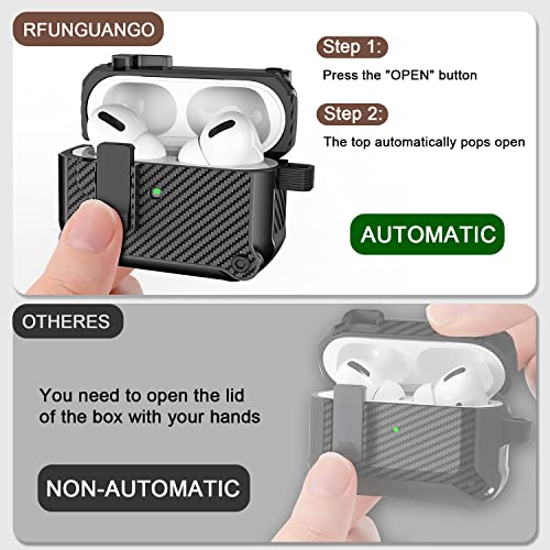RFUNGUANGO AirPods Pro 2nd /1st Generation Case Cover, Automatic Pop-up Carbon Fiber Case with Secure Lock Clip, Full Body Shockproof Hard Shell Protective Case for AirPods Pro-Black