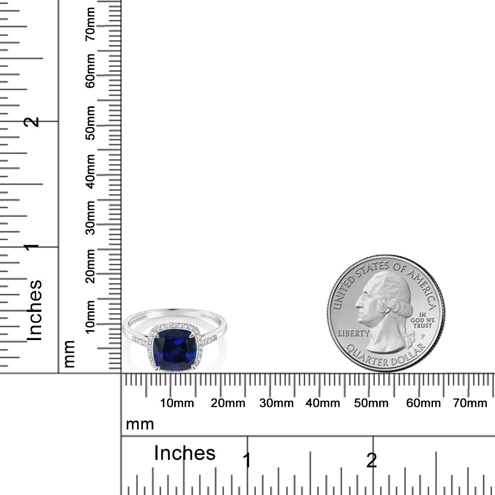 Gem Stone King 10K White Gold Blue Created Sapphire and Accent Diamond Engagement Ring For Women (2.50 Cttw, Cushion 8MM, Available In Size 5, 6, 7, 8, 9)