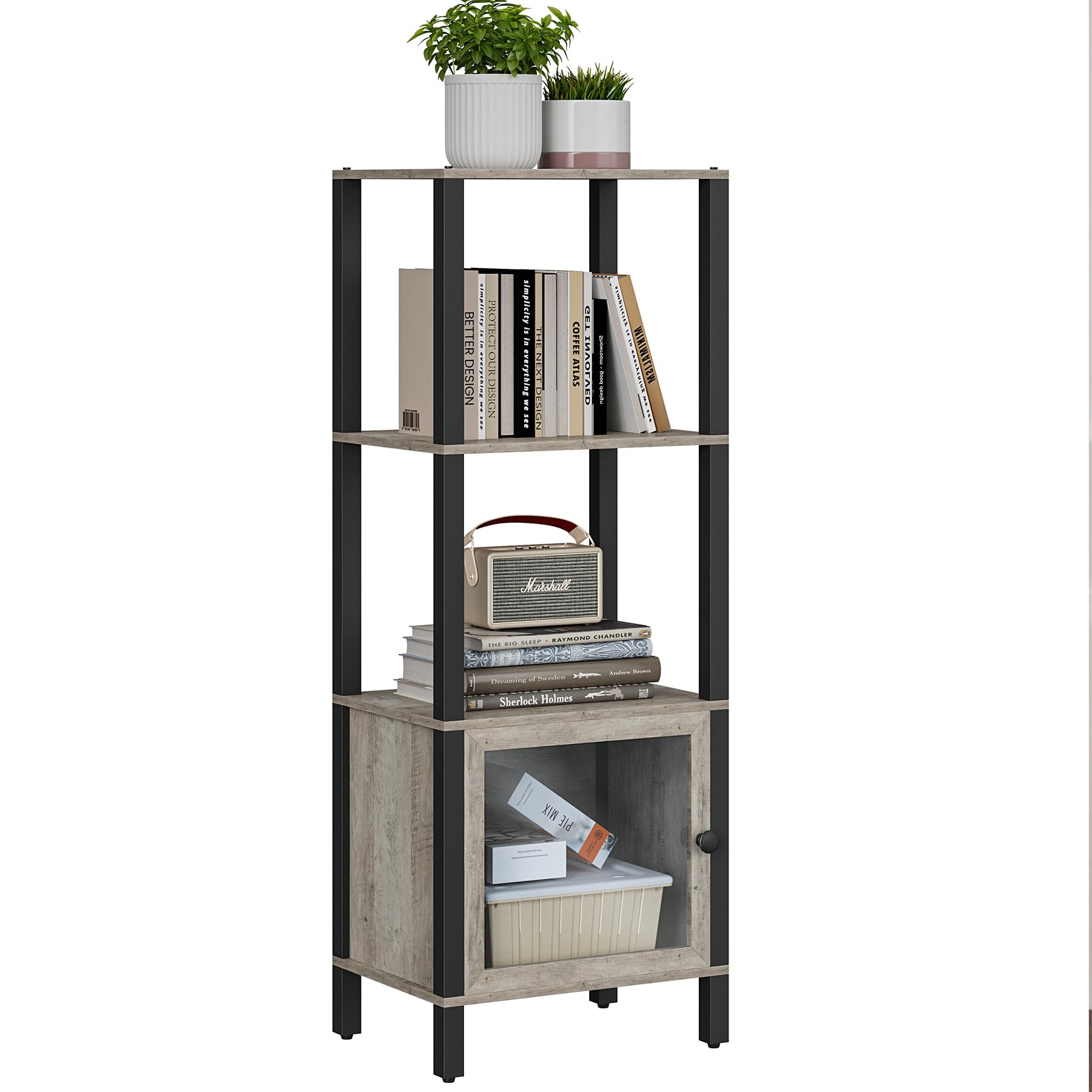 TUTOTAK 4 Tier Bookcase and Bookshelf, Narrow Book Shelf with Door for Small Space, for Living Room, Office, Study, Entryway, Greige BS03BG004