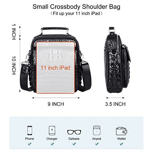 PIJUSHI Crocodile Leather Crossbody Bag for Men Genuine Leather Small Messenger Bag Shoulder Bag(PE002 Black)
