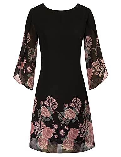 Women 3/4 Sleeve Loose Chiffon Dress Shift Dress Midi Black-Pink Flower-2 XL