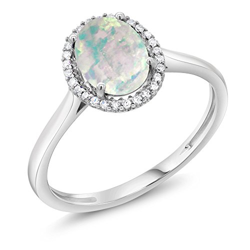 Gem Stone King 10K White Gold 8X6MM Oval Gemstone Birthstone & White Diamond Halo Engagement Ring | Wedding Anniversary Promise White Gold Ring For Women | Size 5,6,7,8,9