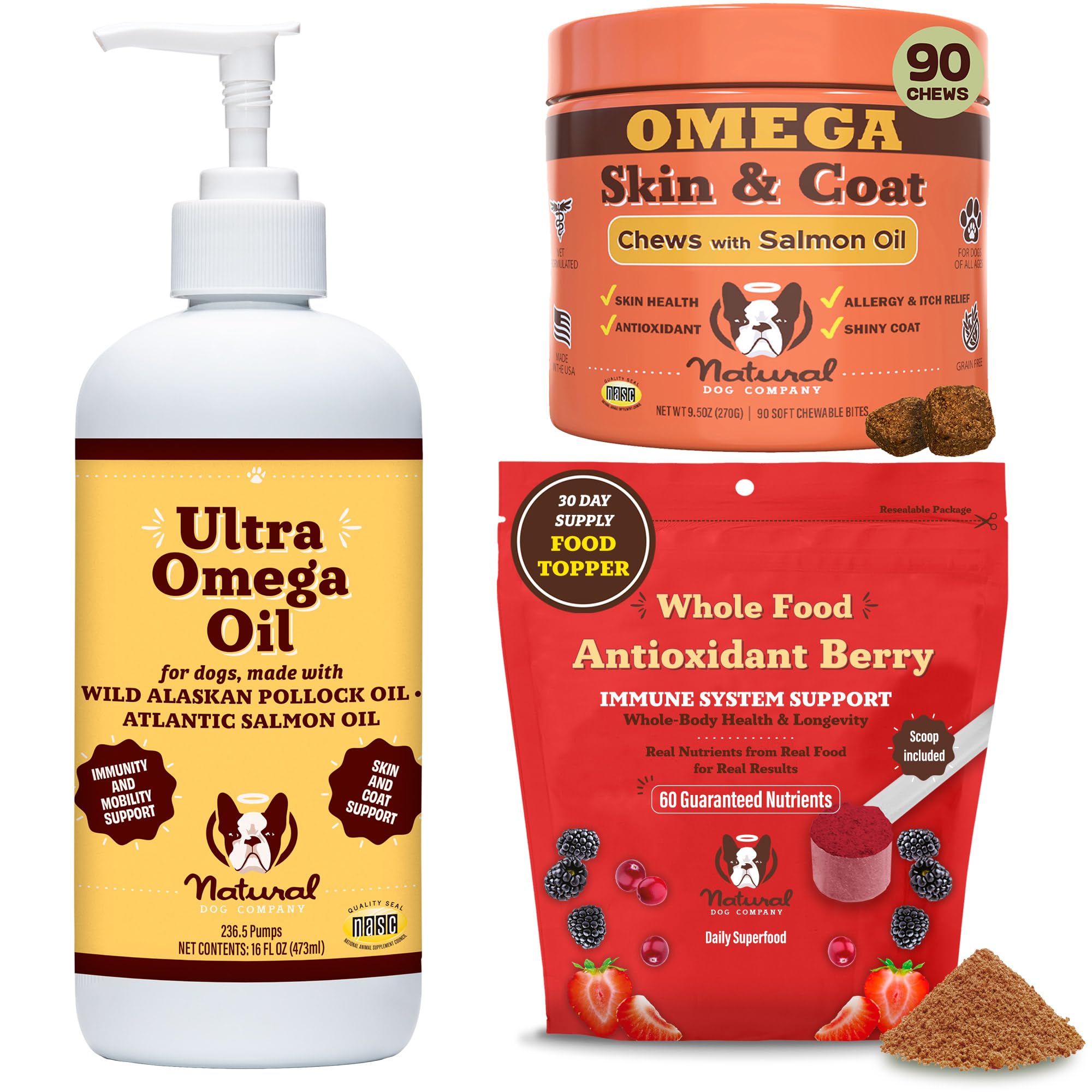 Natural Dog Company Skin & Coat Health Bundle with Omega-3, DHA, and Antioxidants for Dogs, Supports Healthy Skin, Shiny Coat, and Overall Wellness Ideal for Dry Skin Relief & Enhancing Dog Coat Shine