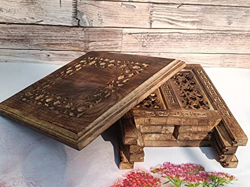 SUNDERSHALA Antique Wooden Square Shape for Adults Hand Carving Foldable Coffee Stool Indoor and Outdoor, Garden Patio Backyard (Brown, 12.76 x 12.68 x 5.55 inches)