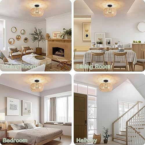 Rattan ceiling light With natural Woven,3-Lights Semi Flush Mount Ceiling Light,twine with Woven Lamp Shade,size 10*12",Boho Ceiling Light Fixtures for Kitchen Dining Room Bedroom Hallway Guesthouse