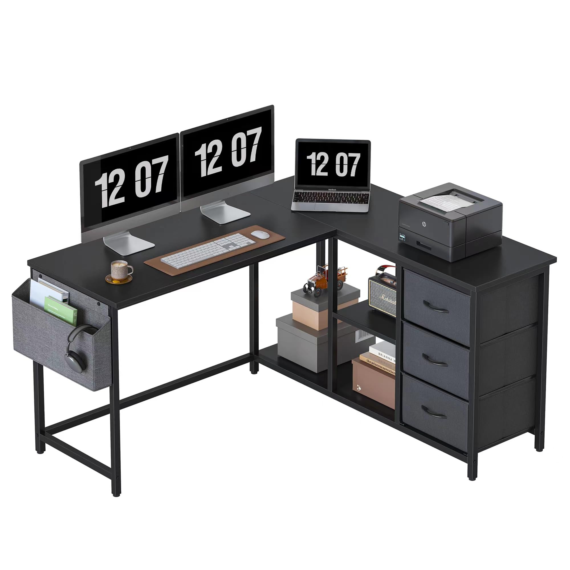 Treesland L Shaped Desk with Drawers, Computer Desk with Storage & Shelves, Corner Desk with Storage, Home Office Desks with Drawers, L Shape Desks with Storage, Black