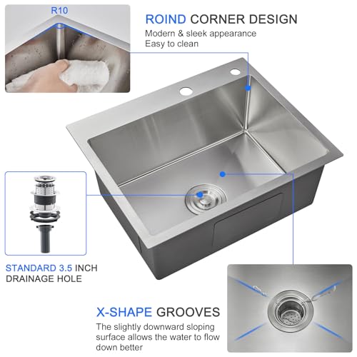 MENATT 20-inch Drop in Kitchen Sink, SUS304 Stainless Steel Top-Mount Handmade Kitchen rv Sink, Single Bowl Sink with Basket Strainer, 20"*16"*9" (Brushed)