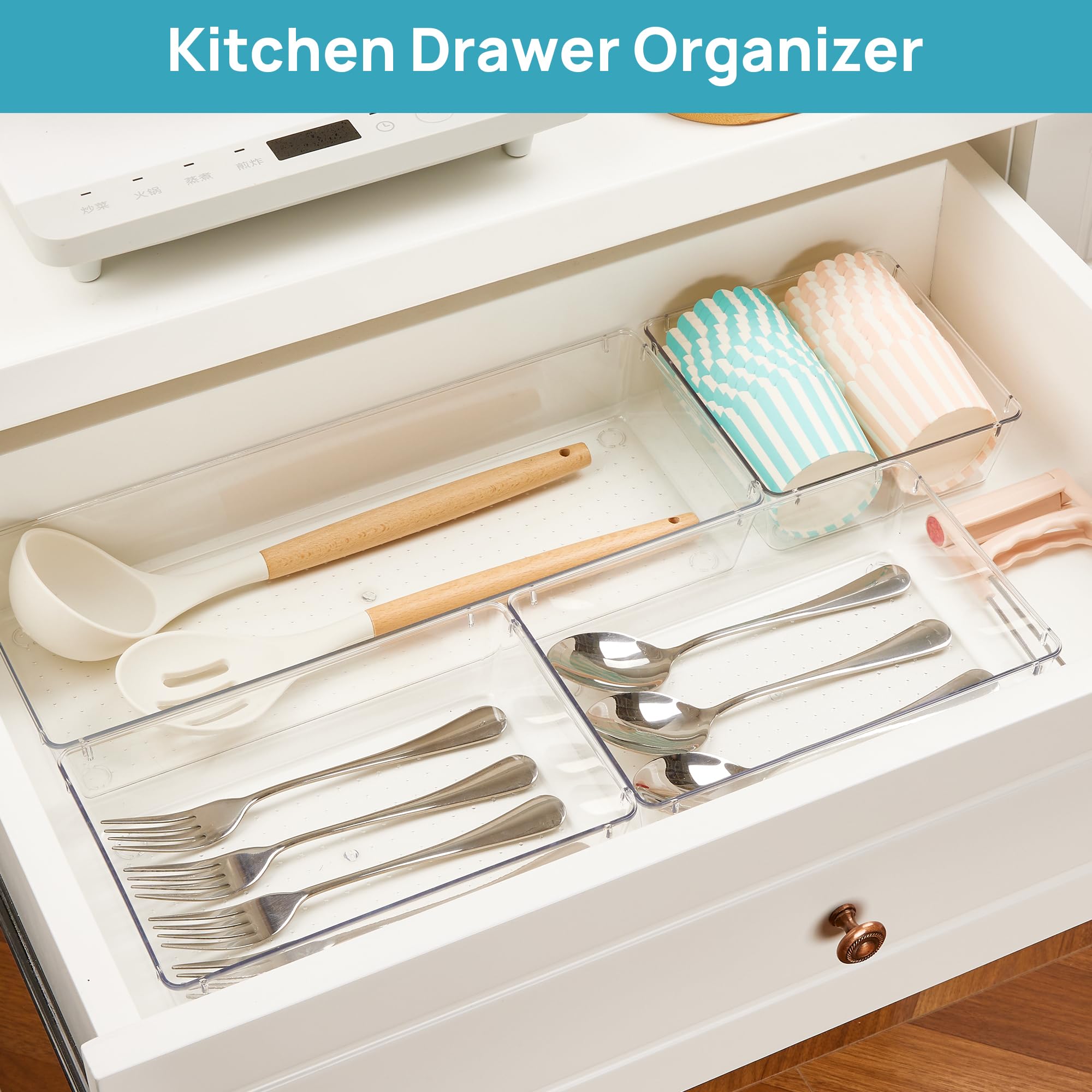 Vtopmart 6 PCS Clear Plastic Drawer Organizers Set, 3-Size Bathroom and Vanity Drawer Organizer Trays, Acrylic Storage Bins for Makeup, Kitchen Utensils, Large Size Office Desk Organizers