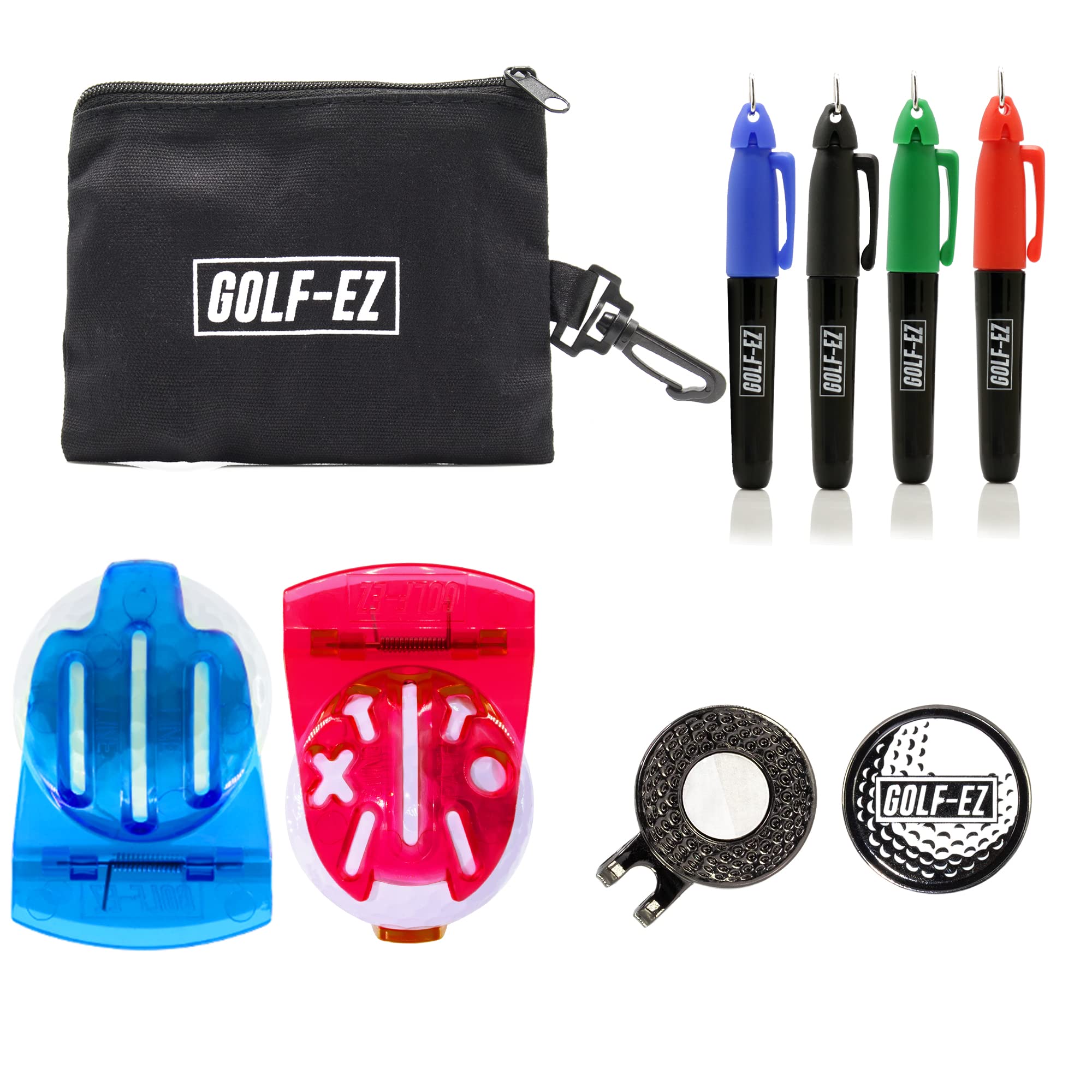 Golf-EZ TRI-LINE Golf Ball Alignment Kit with Hat Clip Ball Marker and Carry Case | Swing Path Arrows & Ball Identifiers (Blue)