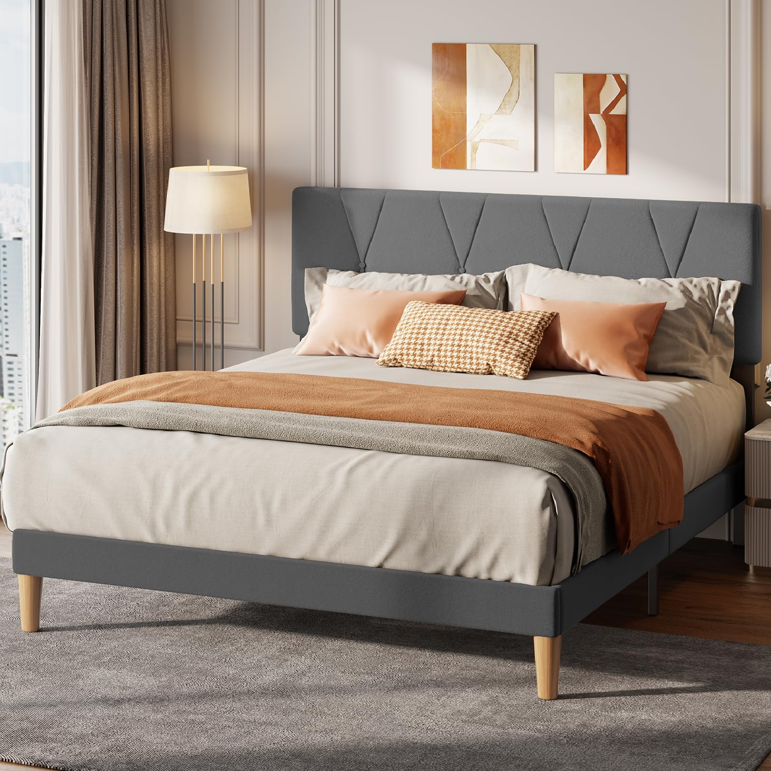 Gizoon Queen Bed Frame with Adjustable Velvet Headboard, Upholstered Platform Bed Frame with Sturdy Metal Frame, Wooden Slats, Noise-Free, No Box Spring Needed (Dark Grey, Queen)