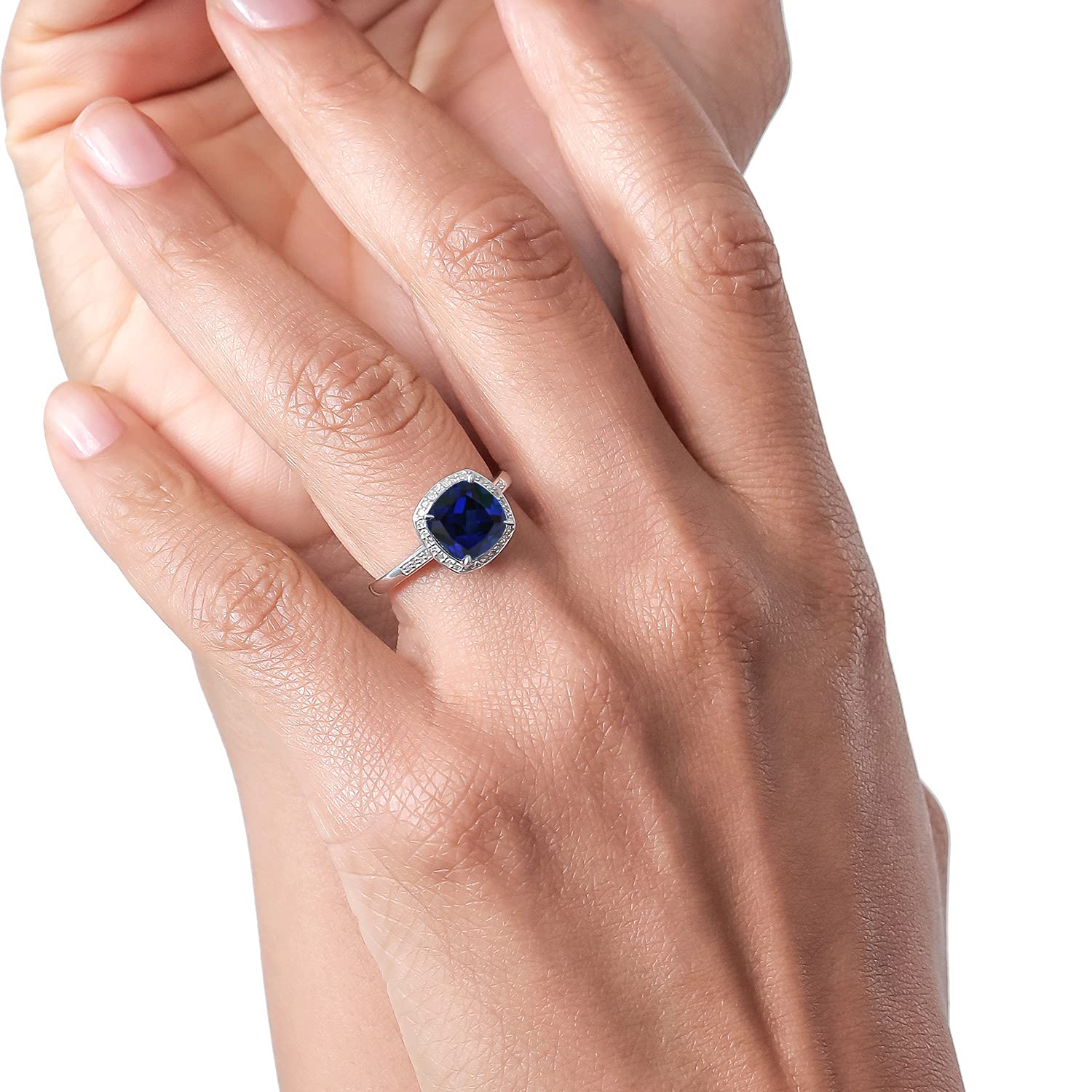 Gem Stone King 10K White Gold Blue Created Sapphire and Accent Diamond Engagement Ring For Women (2.50 Cttw, Cushion 8MM, Available In Size 5, 6, 7, 8, 9)