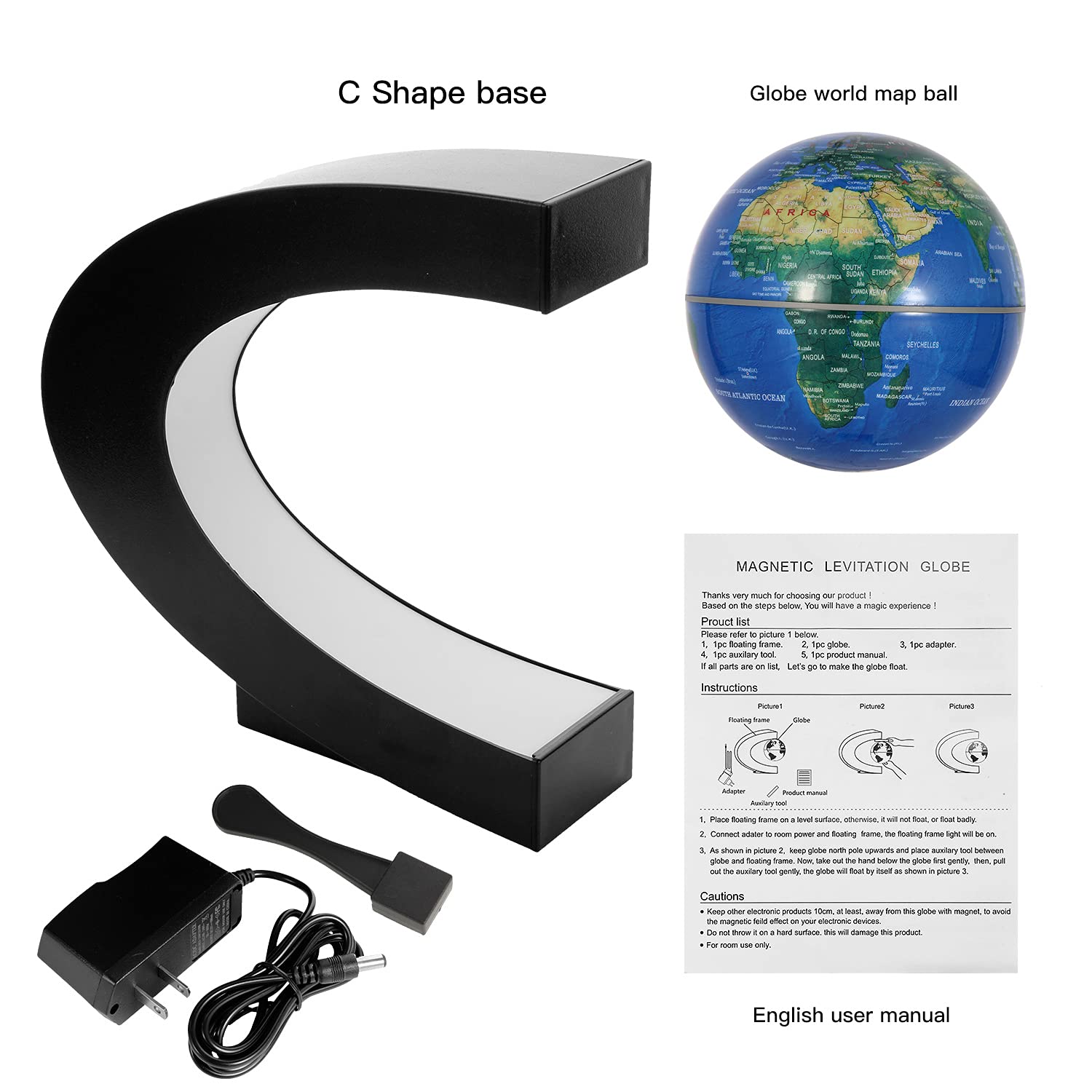 Gresus Auto-Rotate Magnetic Levitation Floating World Map Globe with C Shape Base, Floating Globe with LED Lights, Great Fathers Students Business Boyfriend Birthday Gift for Desk Decoration (Blue)