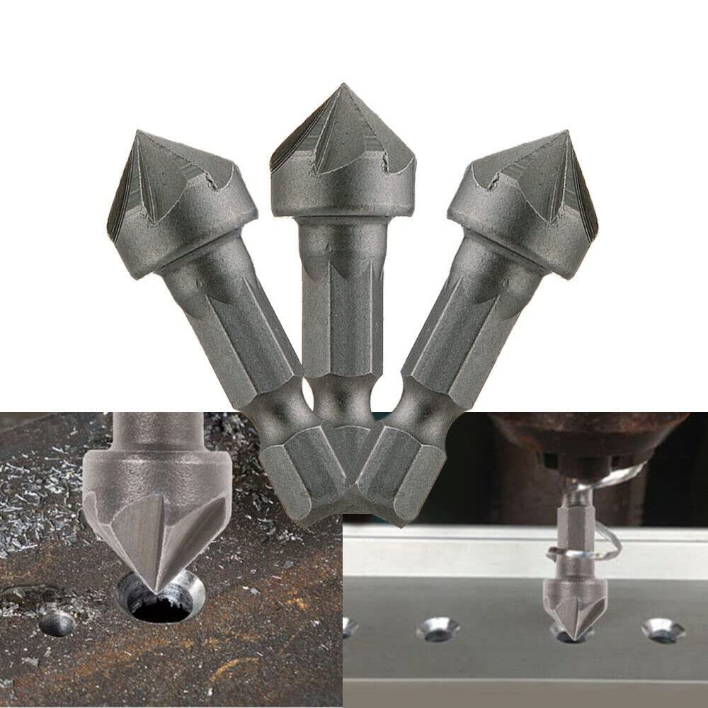 TorSor 3 Pack Countersink Drill Bit Chamfer Bits 6 Flute for 6.35mm 1/4'' Hex Shank Burr Removal Holes Shaping Trimming Opener Tool Polish Knife Cutter Woodworking 90° Degree Center Punch Sets Wood
