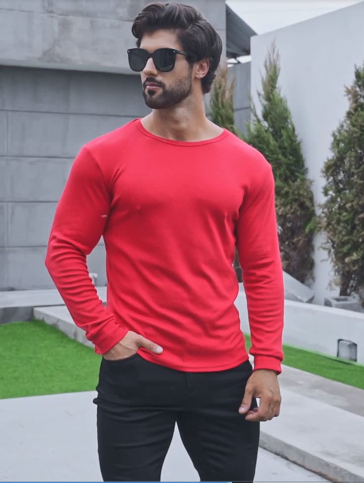 KELLORENA Men's Muscle T-Shirt Stretch Breathable Long Sleeve Casual Hipster Tops Gym Workout Athletic Slim Fit Cotton Tee Red