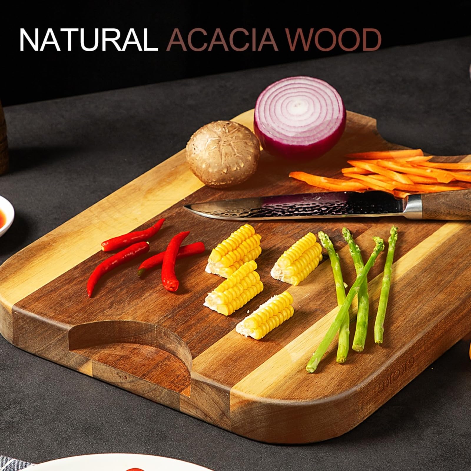 GKOKG Acacia Meat Cutting Board with Deep Juice Groove, Large 17x13 in. Turkey Cutting Board Double Sided Use for Both Meat and Fruit, 1.5" Thick Butcher Block Cutting Boards & Chopping Board