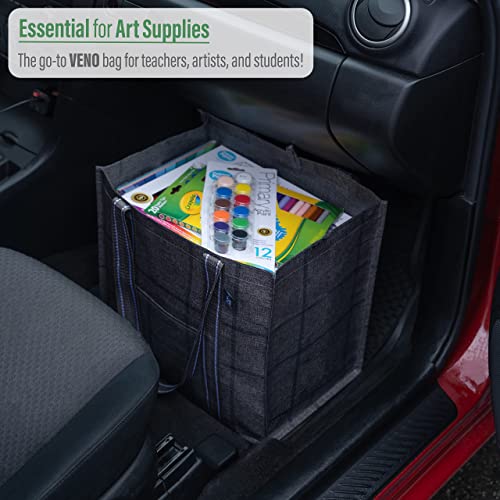 VENO 4 Pack Reusable Grocery Shopping Bag w/Hard Bottom, Foldable, Multi-Purpose Heavy-Duty Tote, Daily Utility Bag, Stands Upright, Sustainable (Set of 4 - Windowpane)