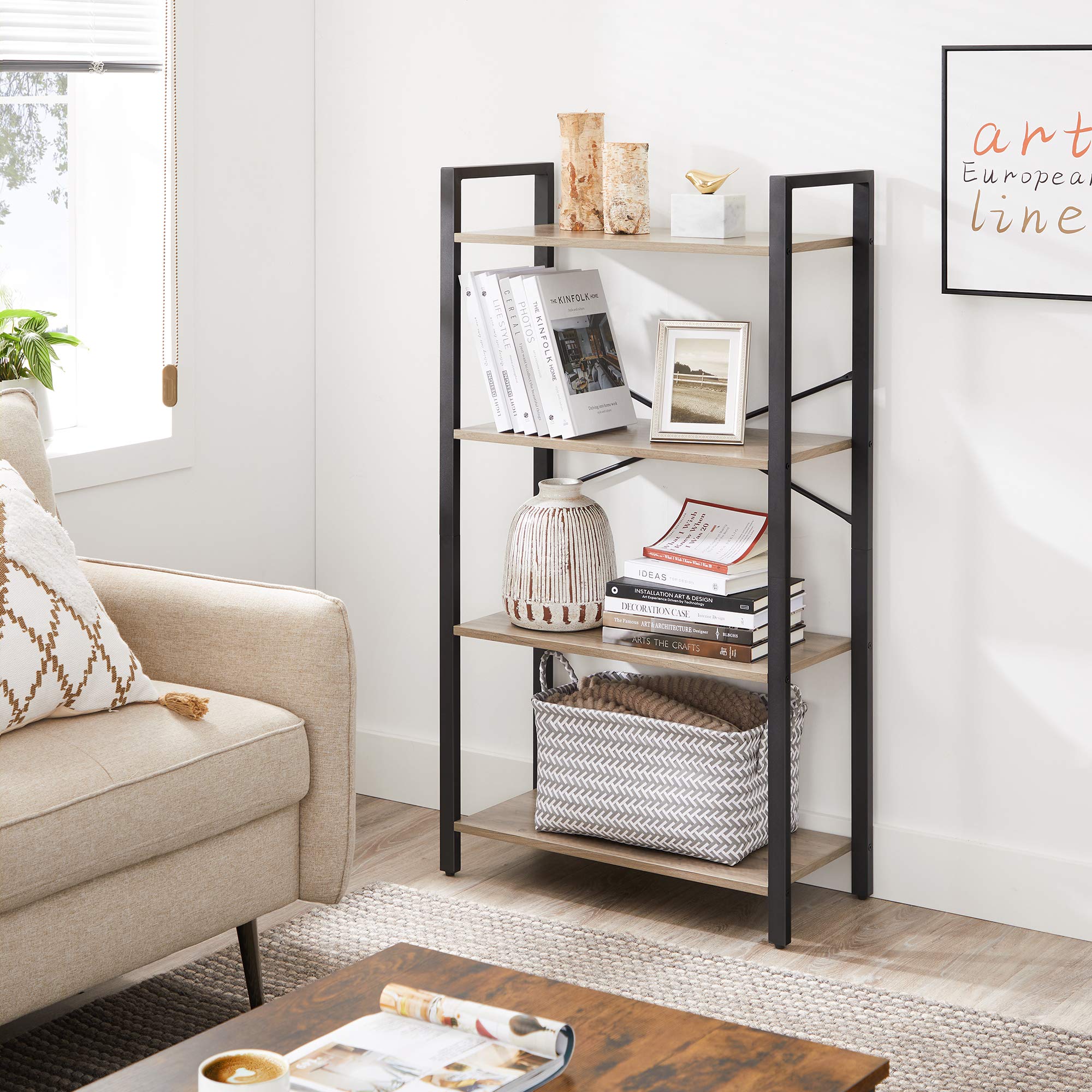 VASAGLE 4-Tier Tall Bookshelf, Bookcase with Steel Frame, Book Shelf for Living Room, Home Office, Study, 11.8 x 25.9 x 47.2 Inches, Industrial Style, Greige and Black ULLS060B02