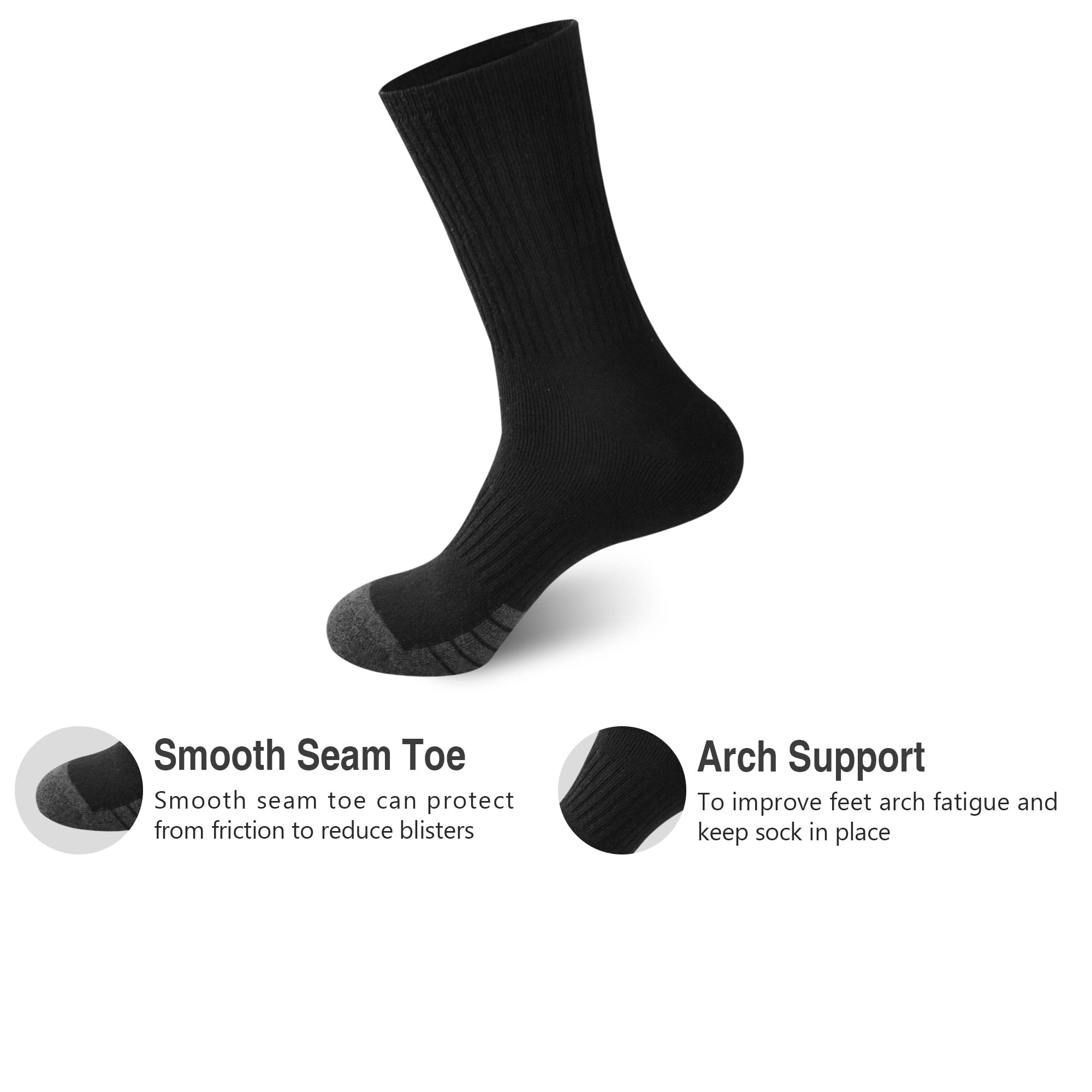 GKX Men's 10 Pairs Cotton Athletic Moisture Control Heavy Duty Work Boot Cushion Crew Socks(Black 10P)