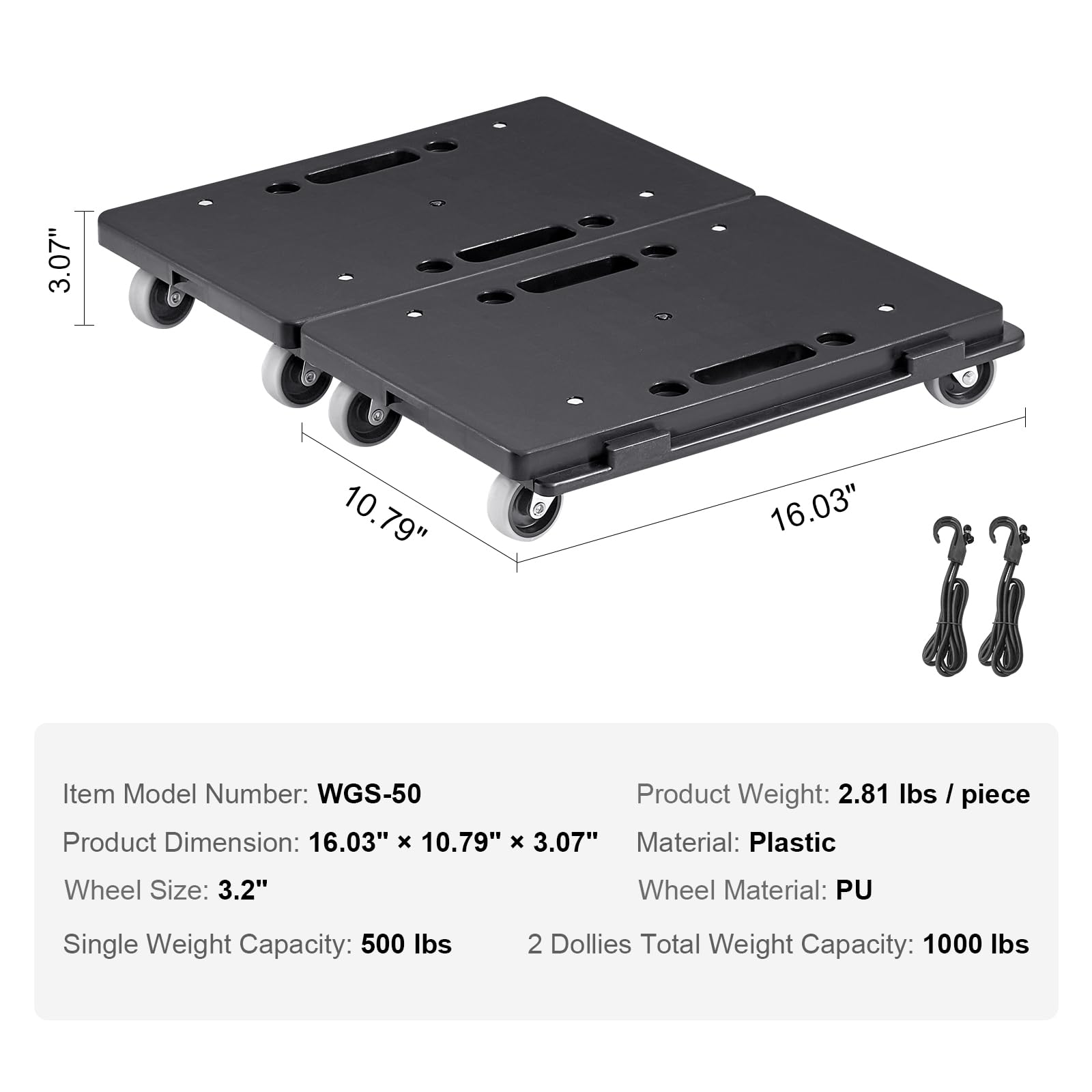 Furniture Moving Dolly, 16 x 11in 500 lbs Capacity Furniture Movers Dollies 4 Wheels, Portable Moving Rollers Heavy Duty, Interlocking Small Flat Dolly Cart for Heavy Furniture, 2 Pack, Black