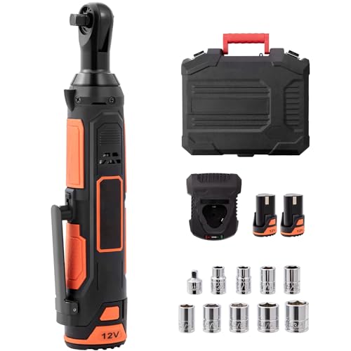 VEVOR Cordless Electric Ratchet Wrench Set 3/8", 12V 33 Ft-lbs Power Ratchet Tool Kit, 45-Min Fast Charge, 2-Pack 2.0Ah Battery, Built-in LED Light, 10 Sockets, Variable Speed Trigger