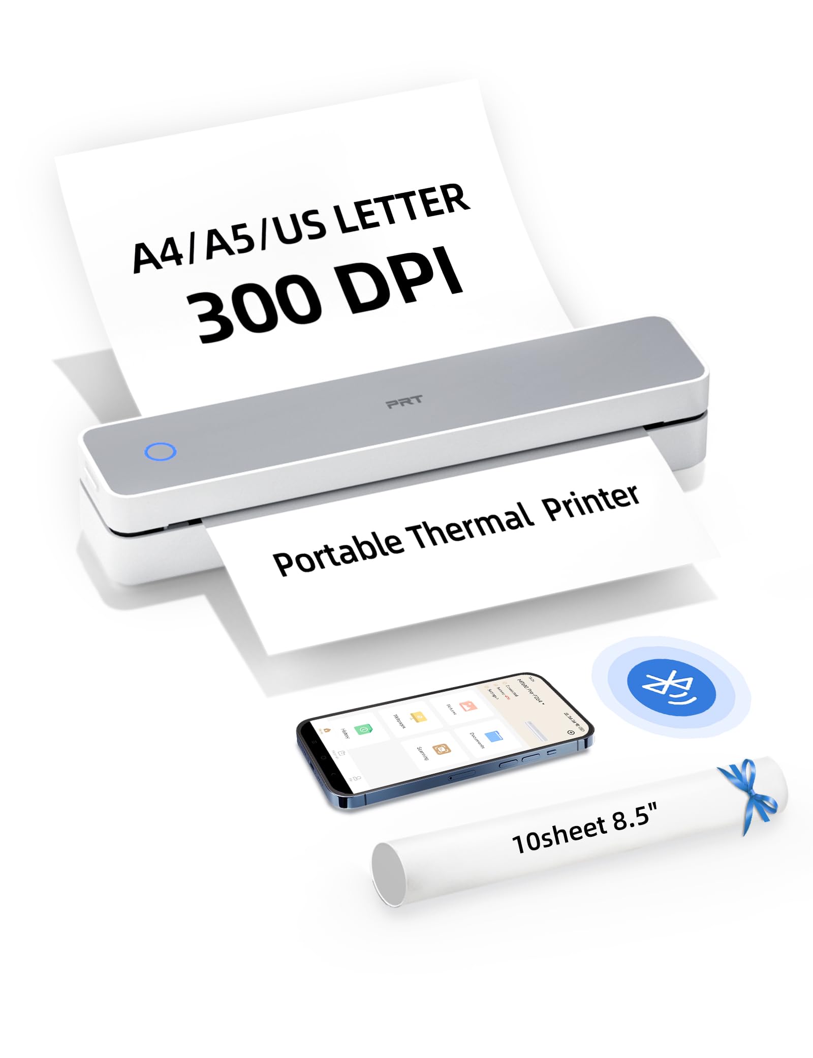 PRT Portable Printer Wireless for Travel, Bluetooth Thermal Printer Support 8.5" X 11" US Letter A4 A5, Compatible with iPhone, Android & Laptop, Inkless Printer for Office, Home, School, White