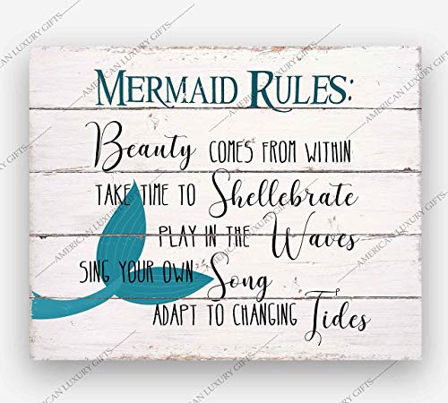 Mermaid Rules - Inspirational Beach Wall Art, Distressed Wood Design Ocean Wall Decor Print, Ideal Wall Decor For Home Decor, Bedroom Wall Art, Great House Decor, Office Decor, Unframed - 10x8