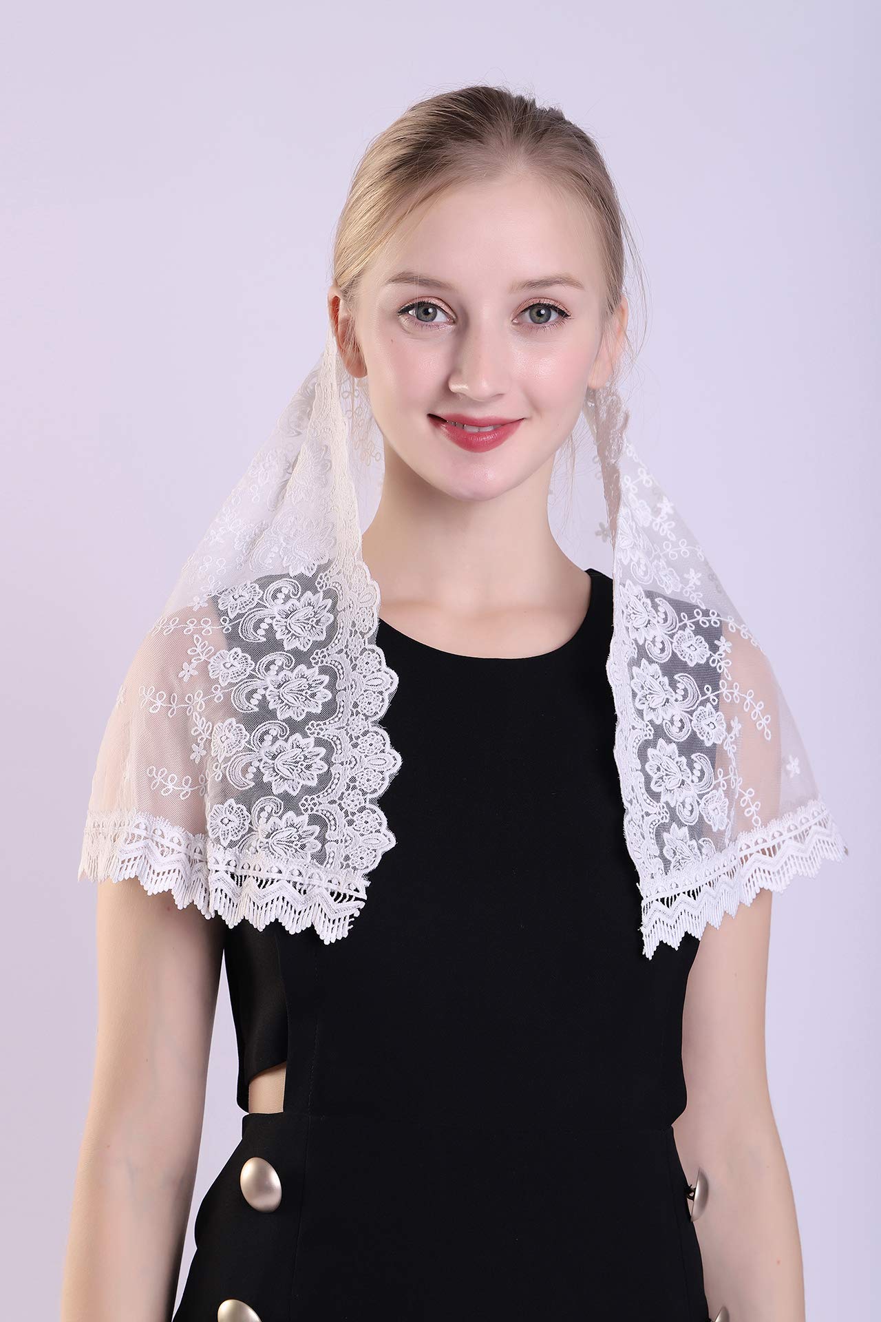 Grettytling Chapel Veil Embroidered Lace Mantilla Veil Head Covering Veils for Church,White