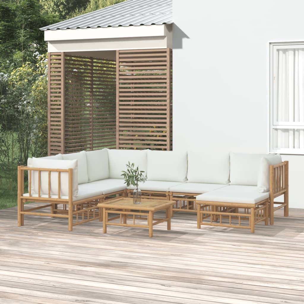 vidaXL 8-Piece Bamboo Patio Lounge Set with Cream White Cushions - Comfortable Outdoor Seating with Functional Table and Footstool