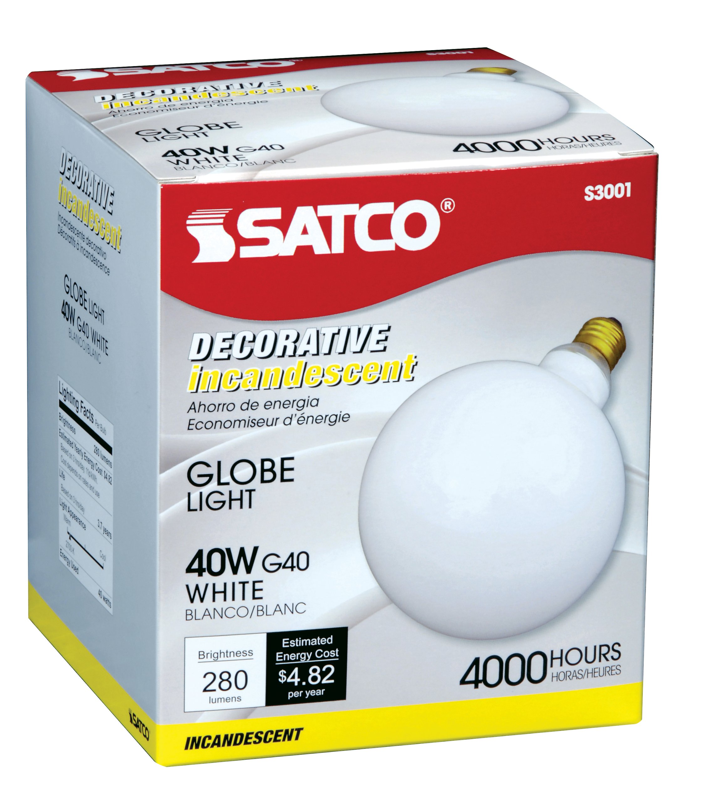 Satco S3001 120V Medium Base 40-Watt G40 Light Bulb, Gloss White, One