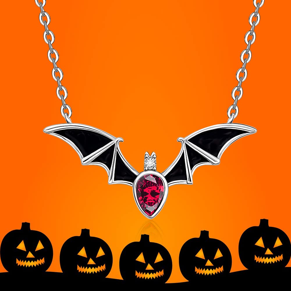 Halloween Bat Necklace Sterling Silver for Women Black Cubic Zirconia Chain Choker Vampire Witch Ghost Festival Classic Funny Cute Dainty Christmas Gift